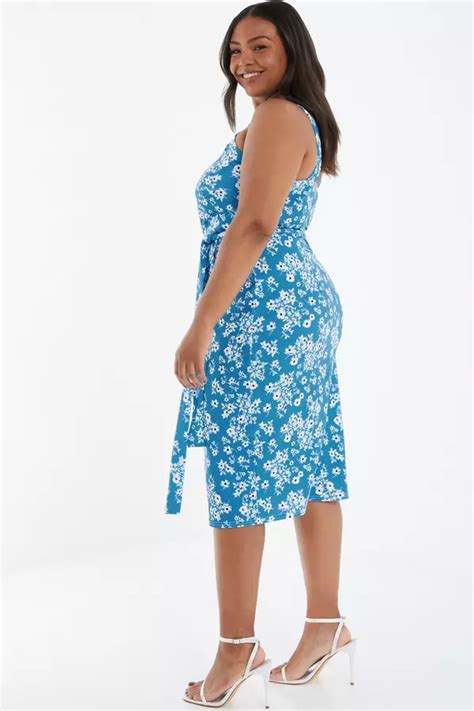 Curve Blue Ditsy Floral Satin Midaxi Dress Quiz Clothing