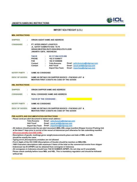 Routing Instructions Import Sea Lcl Jakarta Pdf Cargo Supply