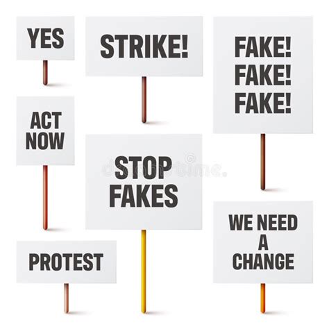 Blank White Protest Signs With Text Slogans On Wooden Holder Various
