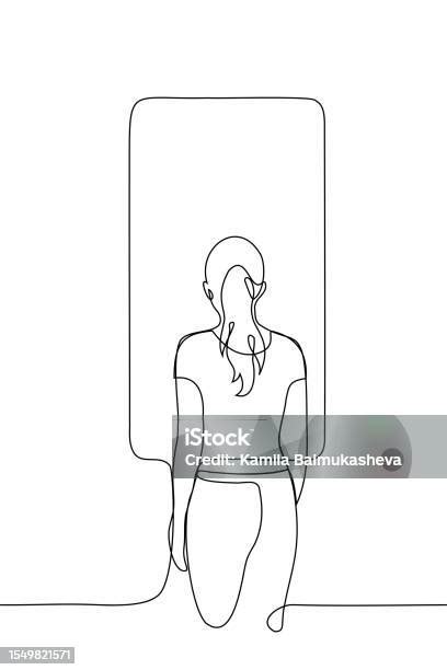 여자는 거대한 스마트폰 실루엣 앞에 서 있다 한 줄의 그림 여자는 시청자에게 등을 대고 서서 전화기의 빈 화면을 본다 한붓