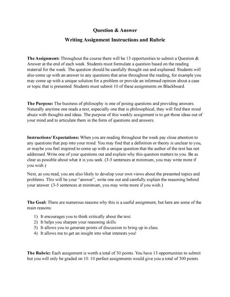 Question And Answer Rubric Question And Answer Writing Assignment