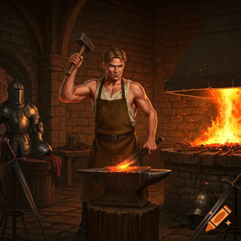 A Man Forges Metal On An Anvil In A Detailed Blacksmiths Forge On Craiyon