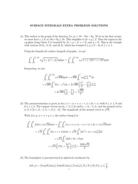 Surface Integrals Extra Problems Solutions Pdf Sphere Geometric