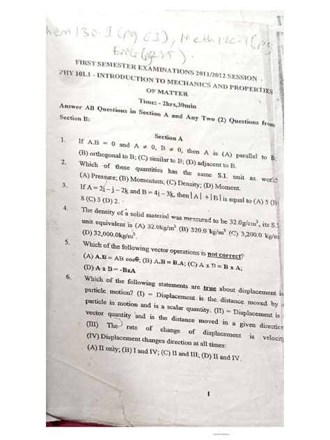 Phy1011 Past Questions Pdf