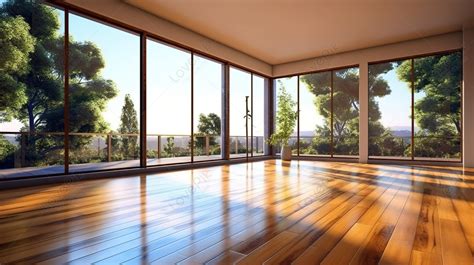 대형 유리창과 우아한 목재 바닥 설정을 갖춘 넓은 주택의 숨막히는 3d 렌더링 설정 배경 창보기 배경 사진관 배경 이미지 Hd 설정 창보기 사진관 배경 사진 무료