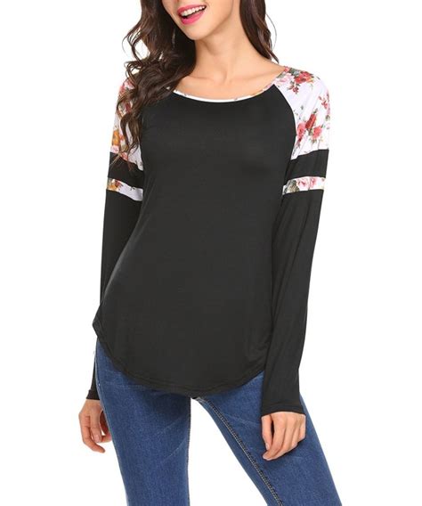 Womens Casual Long Sleeve Crew Neck Loose Tunic Tops Floral Shirt