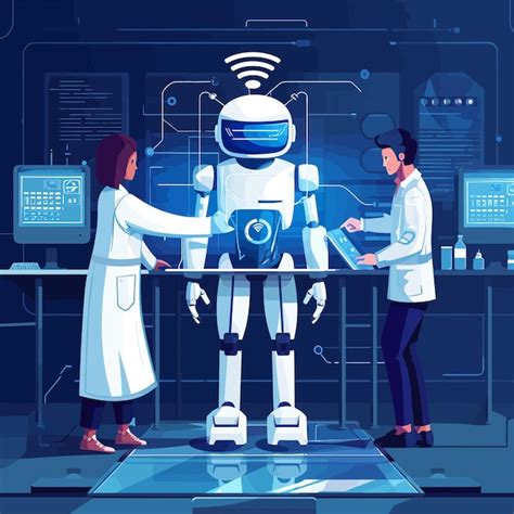 Premium Vector Two Scientists In Lab Coats Standing Developing Robot