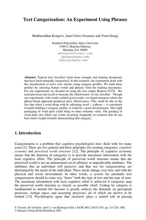 Pdf Text Categorization An Experiment Using Phrases