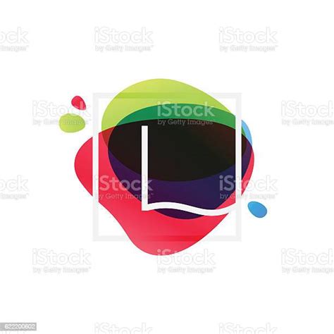 멀티 컬러 스플래시 배경에서 사각형 프레임의 L 문자 아이콘 렌즈 광학 기기에 대한 스톡 벡터 아트 및 기타 이미지 렌즈