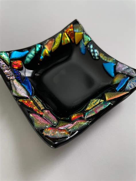 Fused Glass Black Dichroic Mini Dish Etsy Canada Fused Glass Dishes Fused Glass Bowl Glass