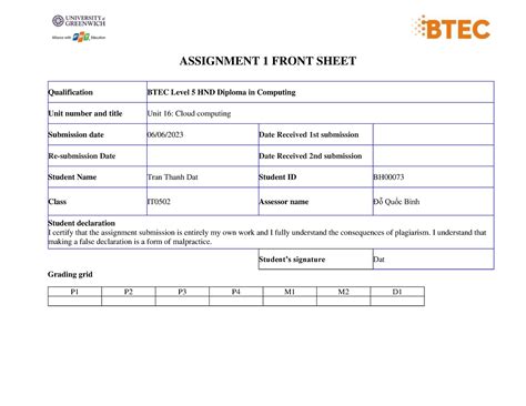 Asm2 Cloud Computing Tran Thanh Dat Bh00073 Assignment 1 Front Sheet