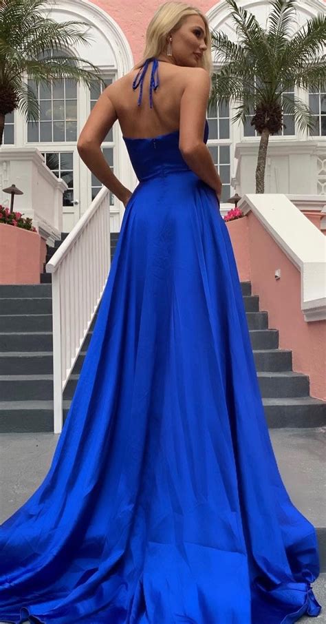 Halter Neckline Slit Royal Blue Prom Dress Daisystyledress