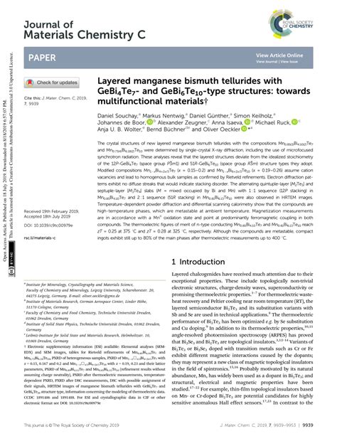 Pdf Layered Manganese Bismuth Tellurides With Gebi 4 Te 7 And Gebi 6 Te 10 Type Structures