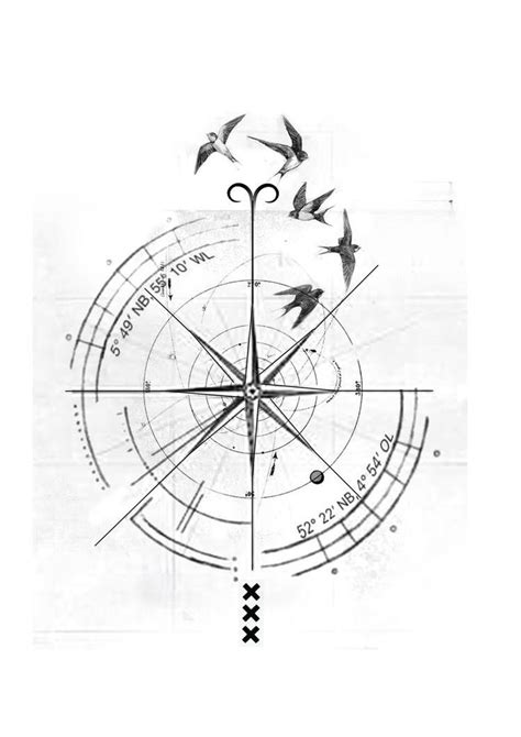 Minimalist Compass Tattoo With Birds