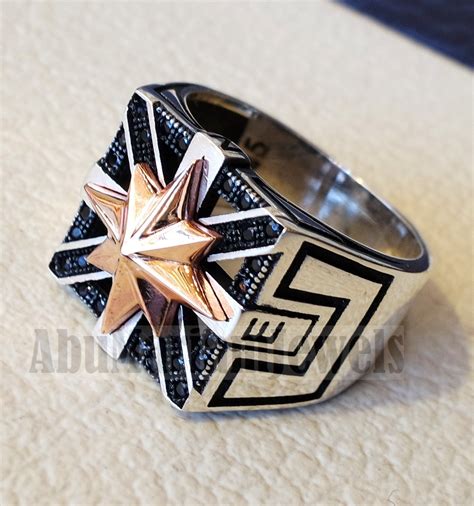 Square Compass Ring Sterling Silver 925 And Bronze And Black Cubic Zir