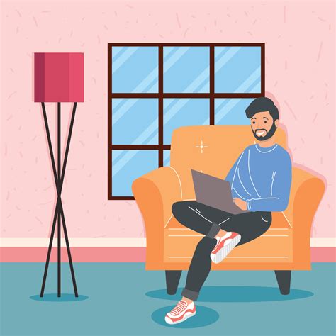 Man Using Laptop In Livingroom Vector Art At Vecteezy