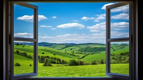 Premium Photo A Window With A View Of A Grassy Field And Trees
