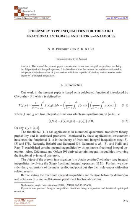 Pdf Chebyshev Type Inequalities For The Saigo Fractional Integrals
