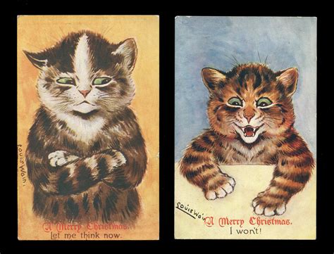 A Group Of 5 Colour Postcards By Louis Wain Featuring Cats Together