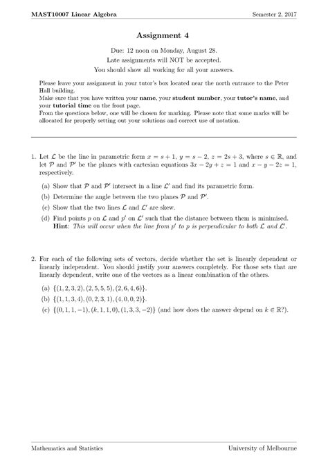 Lin Alg Assignment 4 2017 S2 Linear Algebra Semester 2 2017