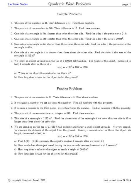 42 Worded Problems Quadratic Equations Pratice Problems Pdf