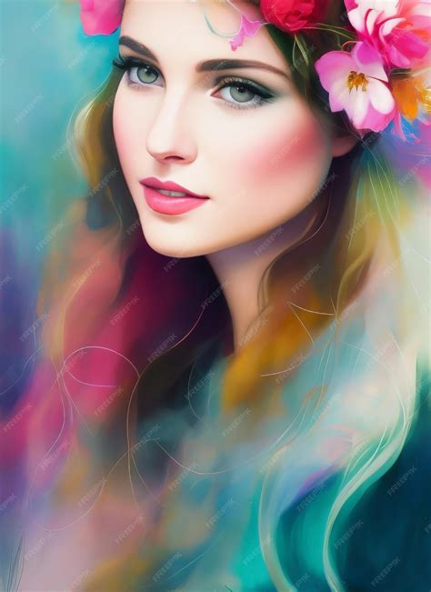 Premium Photo Portrait Painting Of A Beautiful Woman In Multicolored