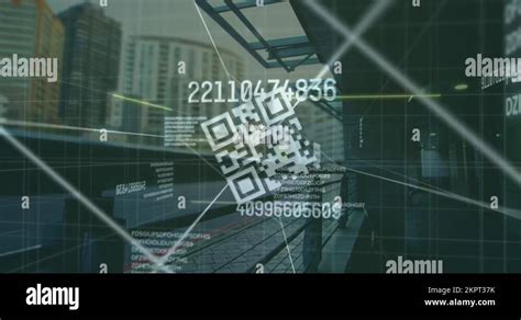 Animation Of Qr Code And Numbers Over Cityscape Stock Video Footage Alamy