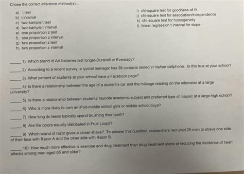 Solved Chose The Correct Inference Methods A T Test B