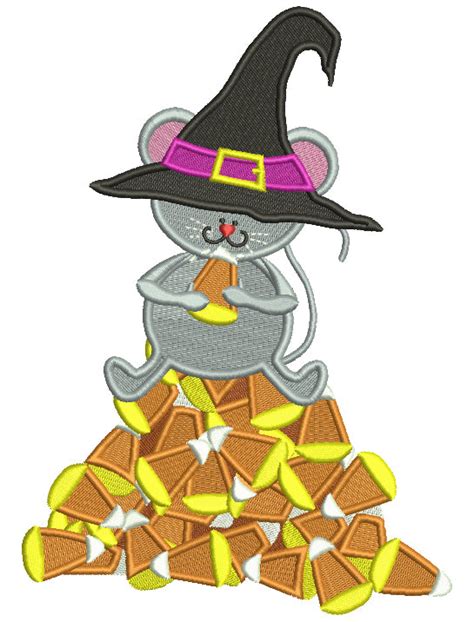 Mouse Witch Sitting On Candy Corns Halloween Filled Machine Embroidery