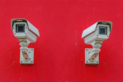 Premium Photo Two Cameras Mounted On A Striking Red Wall Perfect For