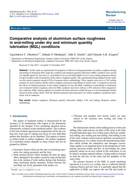 Pdf Comparative Analysis Of Aluminium Surface Roughness In End Milling Under Dry And Minimum