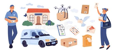 Postal Workers And Items Delivery Service Sending Letters And Parcels