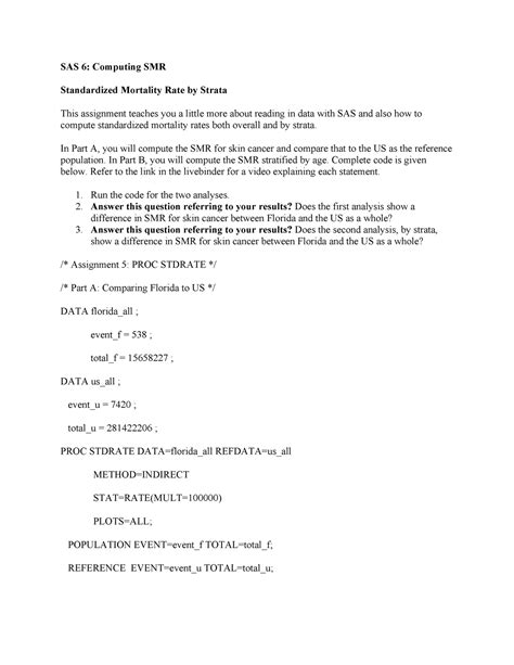 Sas Assignment 6 Sas 6 Computing Smr Standardized Mortality Rate By Strata This Assignment