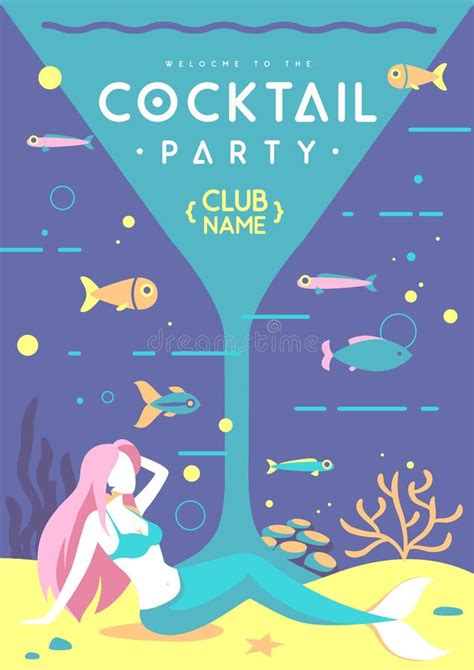 Retro Flat Summer Cocktail Party Poster With Mermaid And Cocktail Under