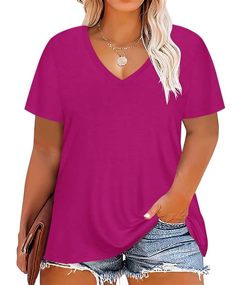 Tiyomi Plus Size Tops For Women Hot Pink T Shirts V Neck Pullover Short