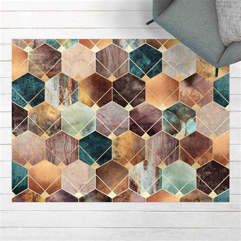 Türkise Geometrie goldenes Art Deco Vinyl Teppich im Querformat
