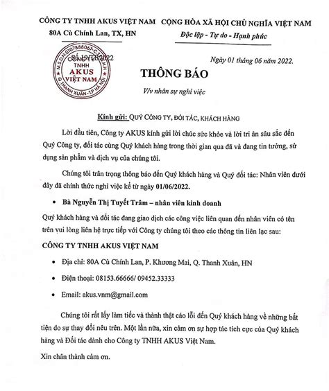 THÔNG BÁO Dừng hợp tác với nhân viên Nguyễn Thị Tuyết Trâm AKUS VIET NAM