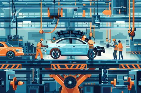 A Colorful Illustration Of A Car Factory Assembly Line With Workers