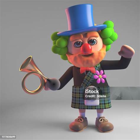 재미 만화 3d 스코틀랜드 사람 에 킬트 착용 A 광대 빨간 코 와 들고 늙은 자동차 경적 3d 그림 3차원 형태에 대한 스톡