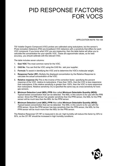 Pid Response Factors For Vocs Application Note Tsi 148