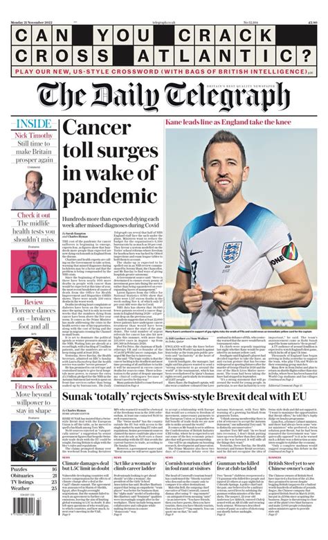Tomorrows Papers Today On Twitter Mondays Telegraph Cancer Toll
