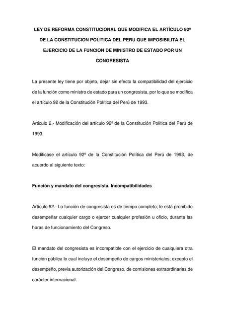 Ley de reforma constitucional que modifica el artículo 92º de la