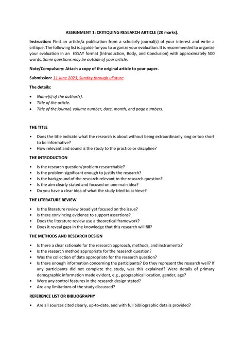 Assignment 1 Critiquing Research Articles Assignment 1 Critiquing