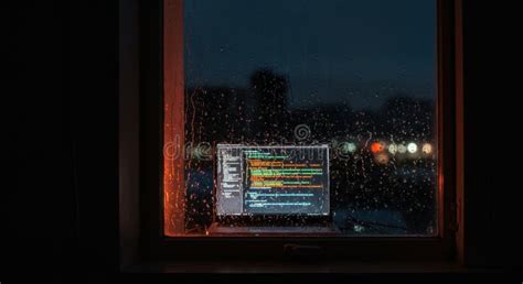 Working On Coding At Night With Rain On The Window Highlighting A Laptop Displaying Colorful