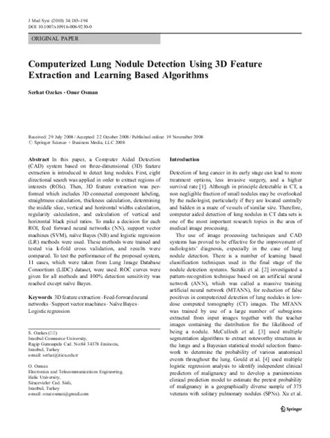 Pdf Computerized Lung Nodule Detection Using 3d Feature Extraction