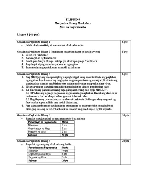 Filipino 9 Modyul Unang Markahan Susi Sa Pagwawasto Pdf
