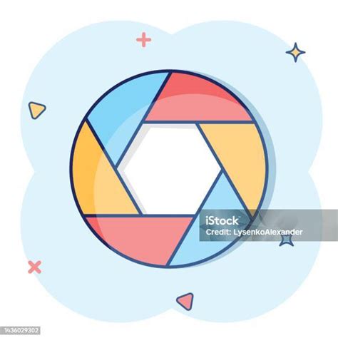 코믹 스타일의 카메라 다이어프램 아이콘 흰색 고립 된 배경에 렌즈 만화 기호 벡터 그림 사진 스냅 샷 스플래시 효과 비즈니스