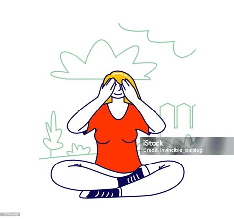 젊은 여자는 악을 볼 수없는 현명한 원숭이처럼 그녀의 눈을 덮고 야외에 앉아 인간의 정서적 균형과 신체 언어 3 명에 대한 스톡 벡터 아트 및 기타 이미지 Istock