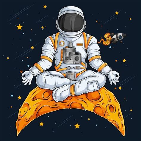 Hand Drawn Astronaut In Spacesuit Doing Yoga Gesture On Moon Astronaut Meditation Yoga In The
