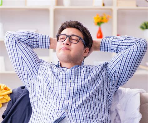Young Man Working Studying In Messy Room Stock Image Image Of Dirty